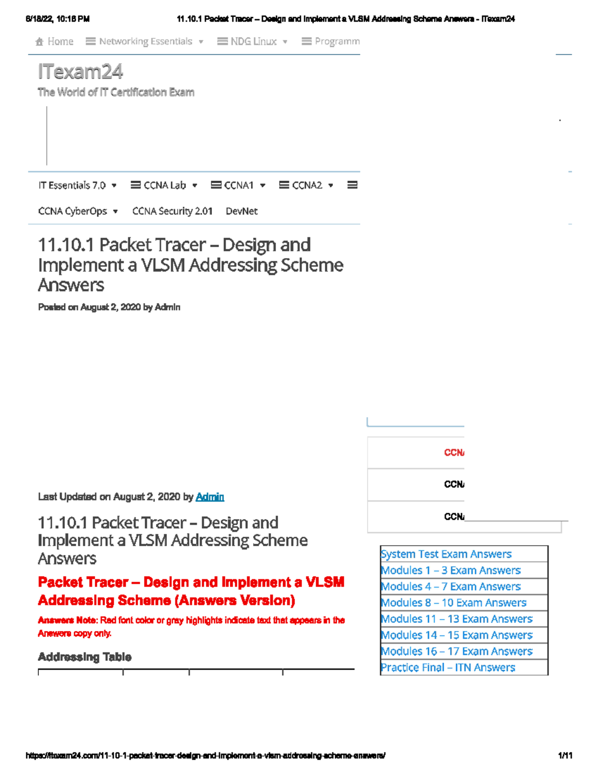 11.10 Packet Tracer VLSM Addressing Scheme Implementation & Answers ...