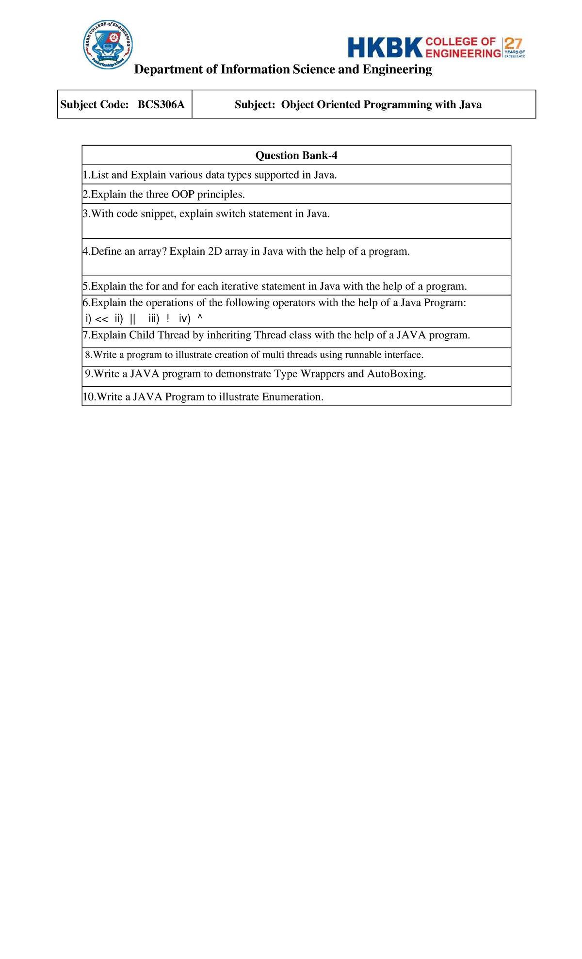 BCS306A - Object Oriented Programming with Java Question Bank 4 - Studocu