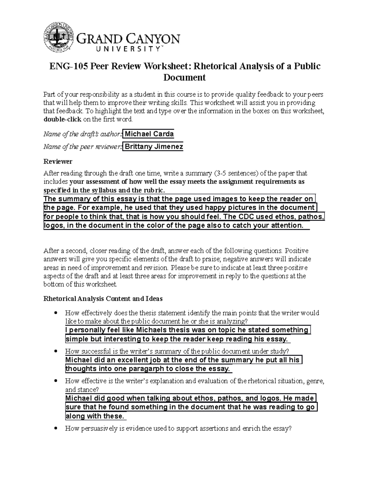 ENG-105 Peer Review Worksheet: Rhetorical Analysis Feedback for Draft ...