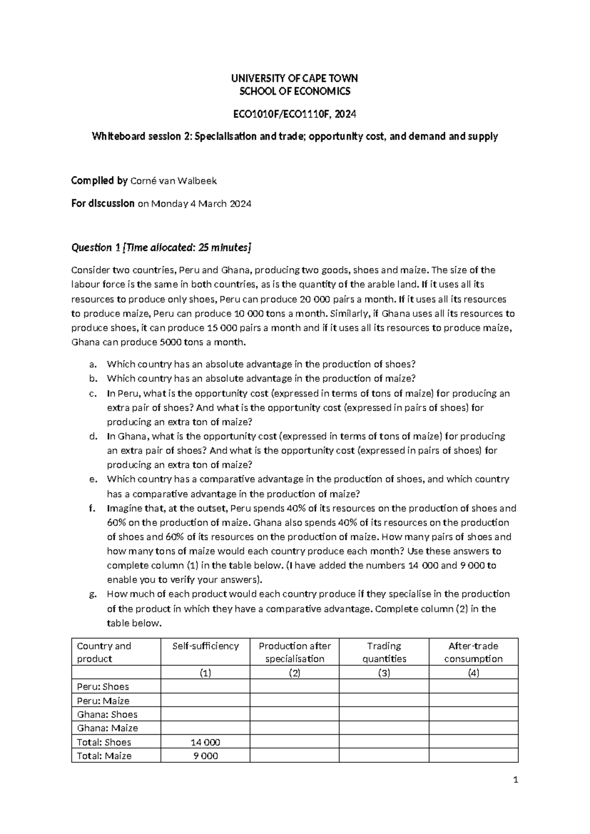 ECO1010F/ECO1110F 2024 Whiteboard Session 2: Trade & Specialization ...