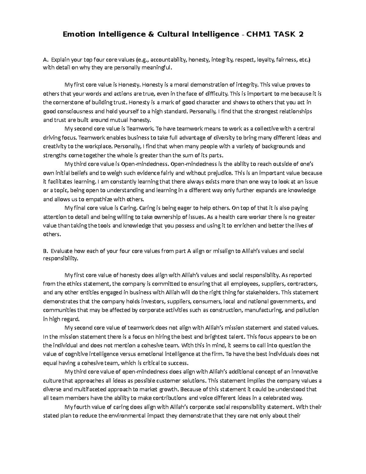 EI & CI in Action - CHM1 TASK 2 - Core Values & Their Impact - Studocu
