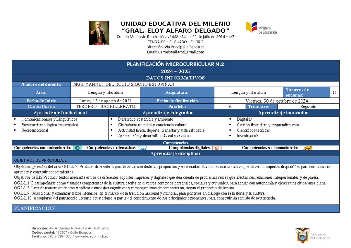 Planificación Microcurricular Lengua y Literatura Tercero BGU 2024-2025 - Studocu