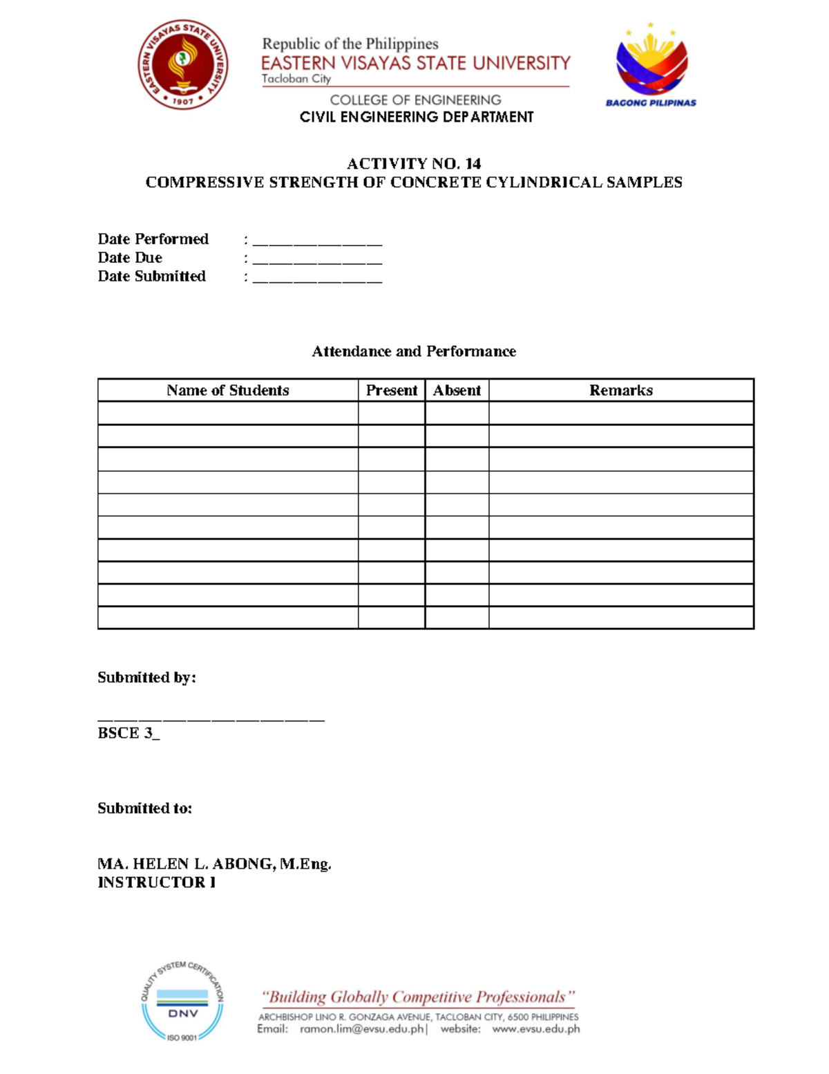 Activity 14: Compressive Strength Testing of Concrete Cylinders CE 313 ...