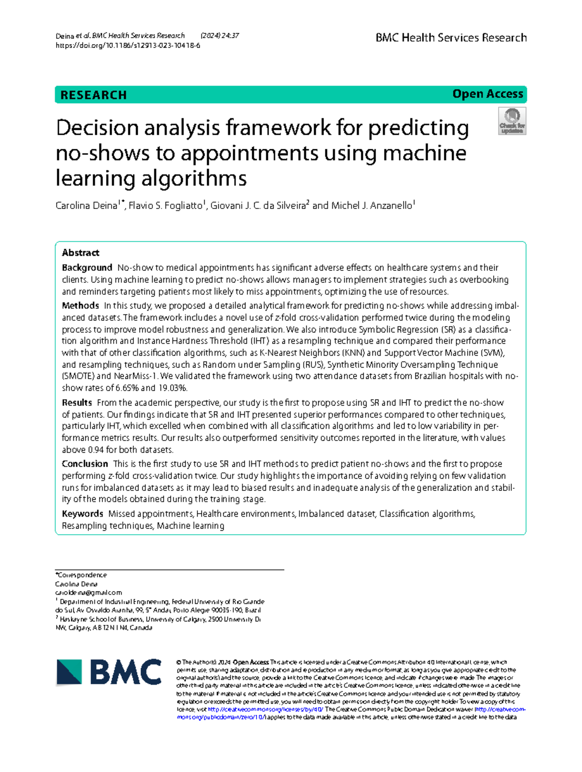 Decision Analysis Framework for Predicting Patient No-Shows (2024 ...