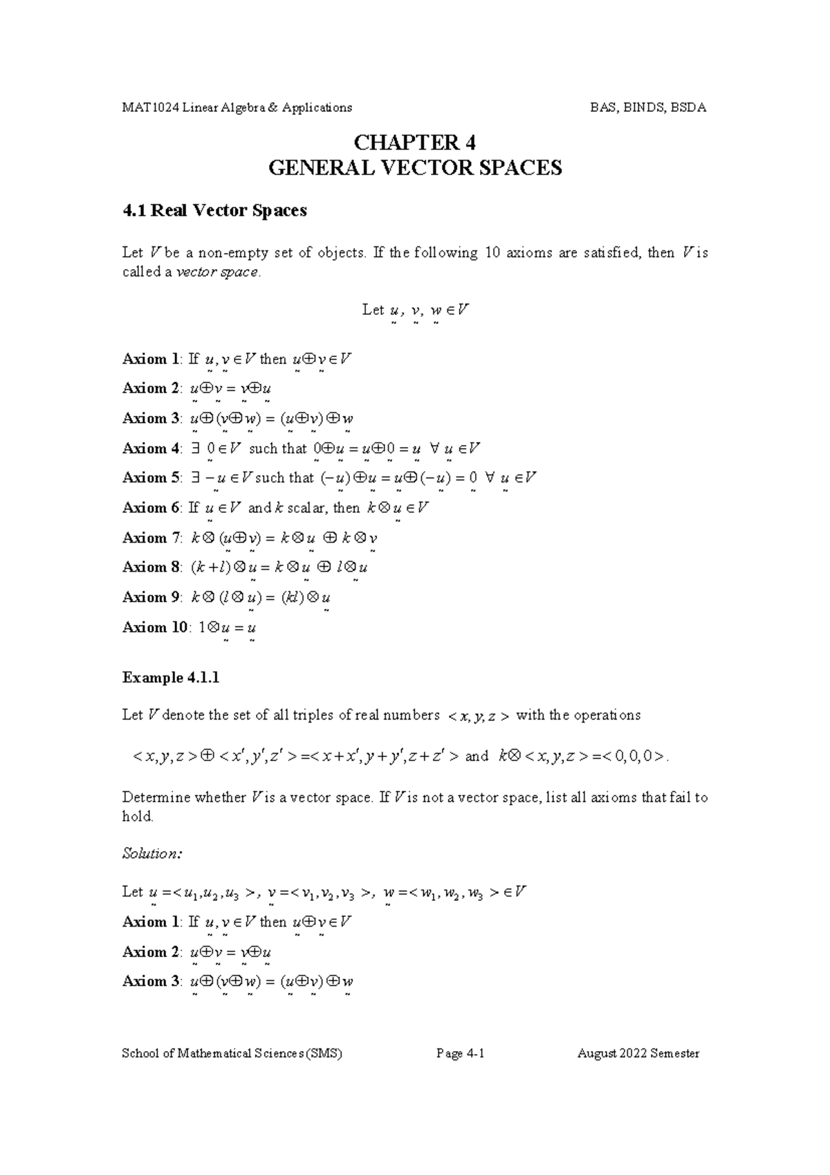 Lecture Notes (Chapter 4) MAT1024 LA - CHAPTER 4 GENERAL VECTOR SPACES ...