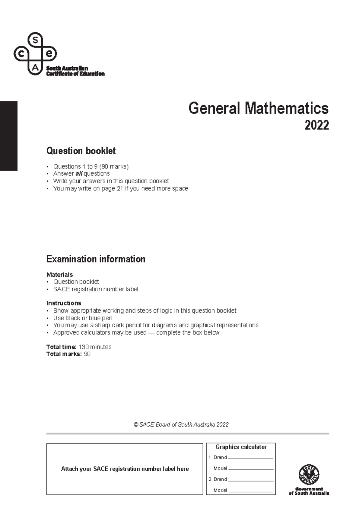 2022 General Mathematics Exam Paper (SACE) - Complete Structure and ...