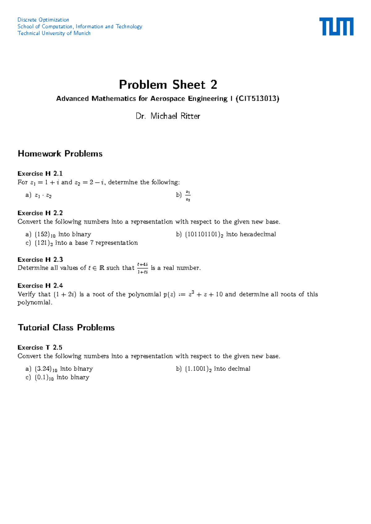 Problem Sheet 2 - Advanced Math for Aerospace Eng. I (CIT513013) - Studocu