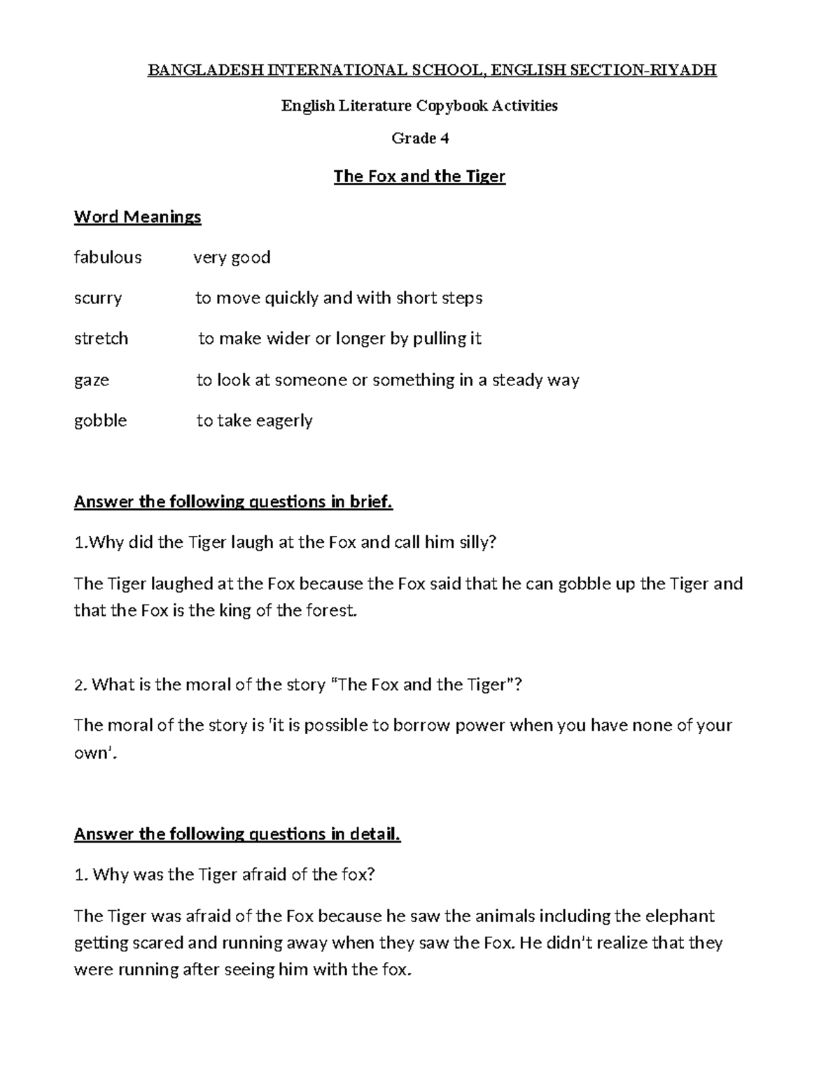 BANGLADESH INTERNATIONAL SCHOOL, ENGLISH Grade 4 Activities: The Fox ...