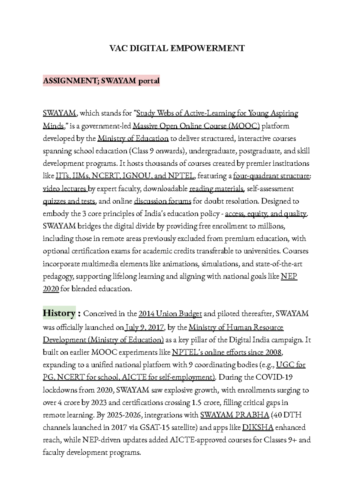 VAC Digital Empowerment: Assignment on SWAYAM Portal Overview - Studocu