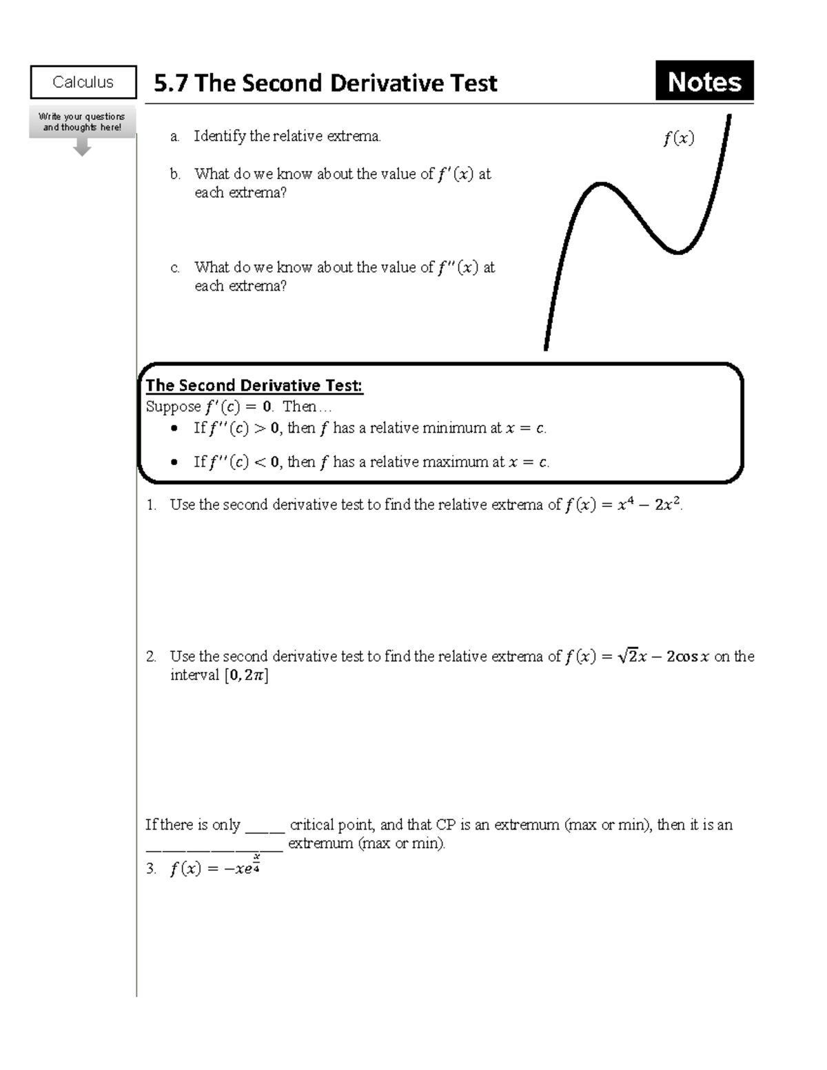 Calculus Notes: Second Derivative Test (5.7) for Relative Extrema - Studocu
