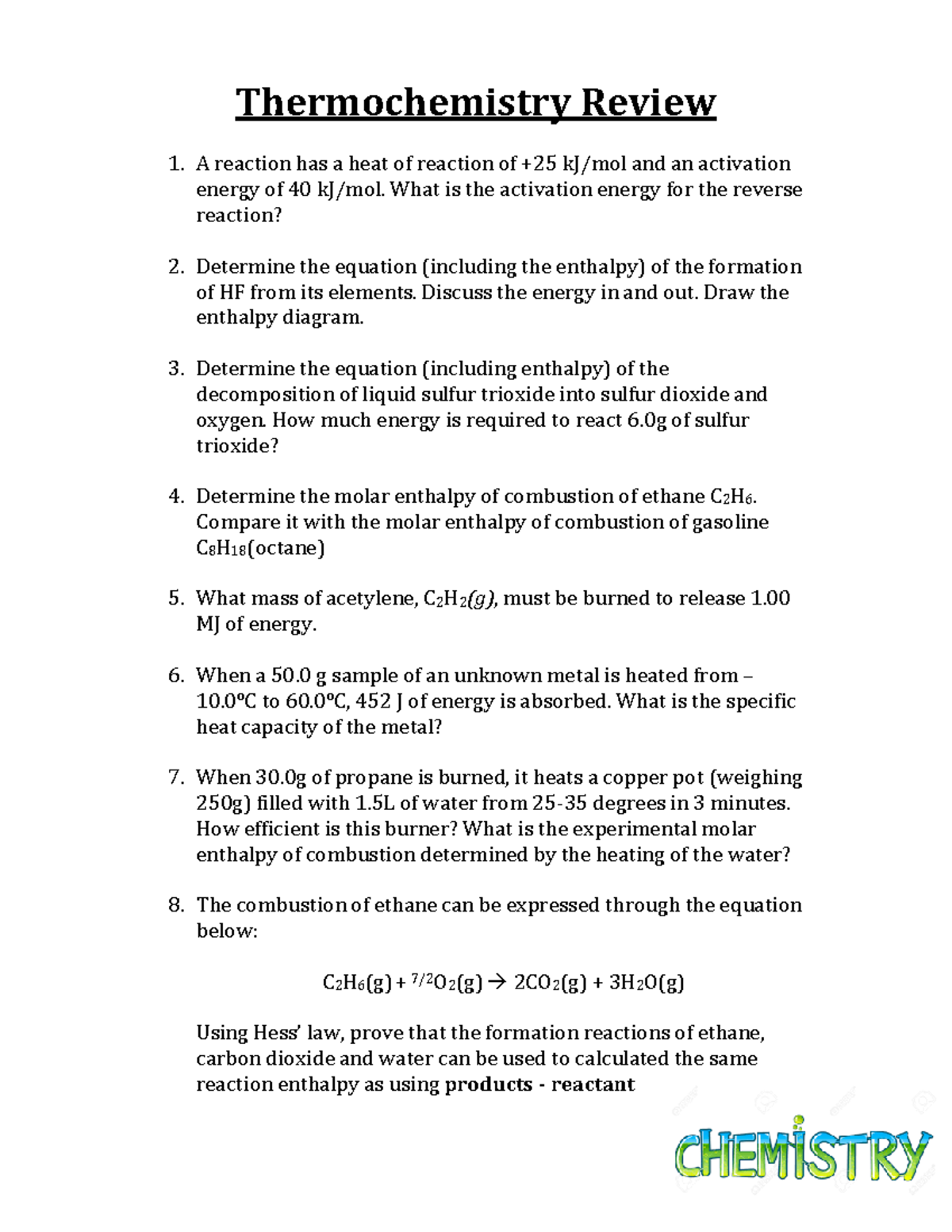 Unit AReview Questions And Key - Thermochemistry Review 1. A reaction ...