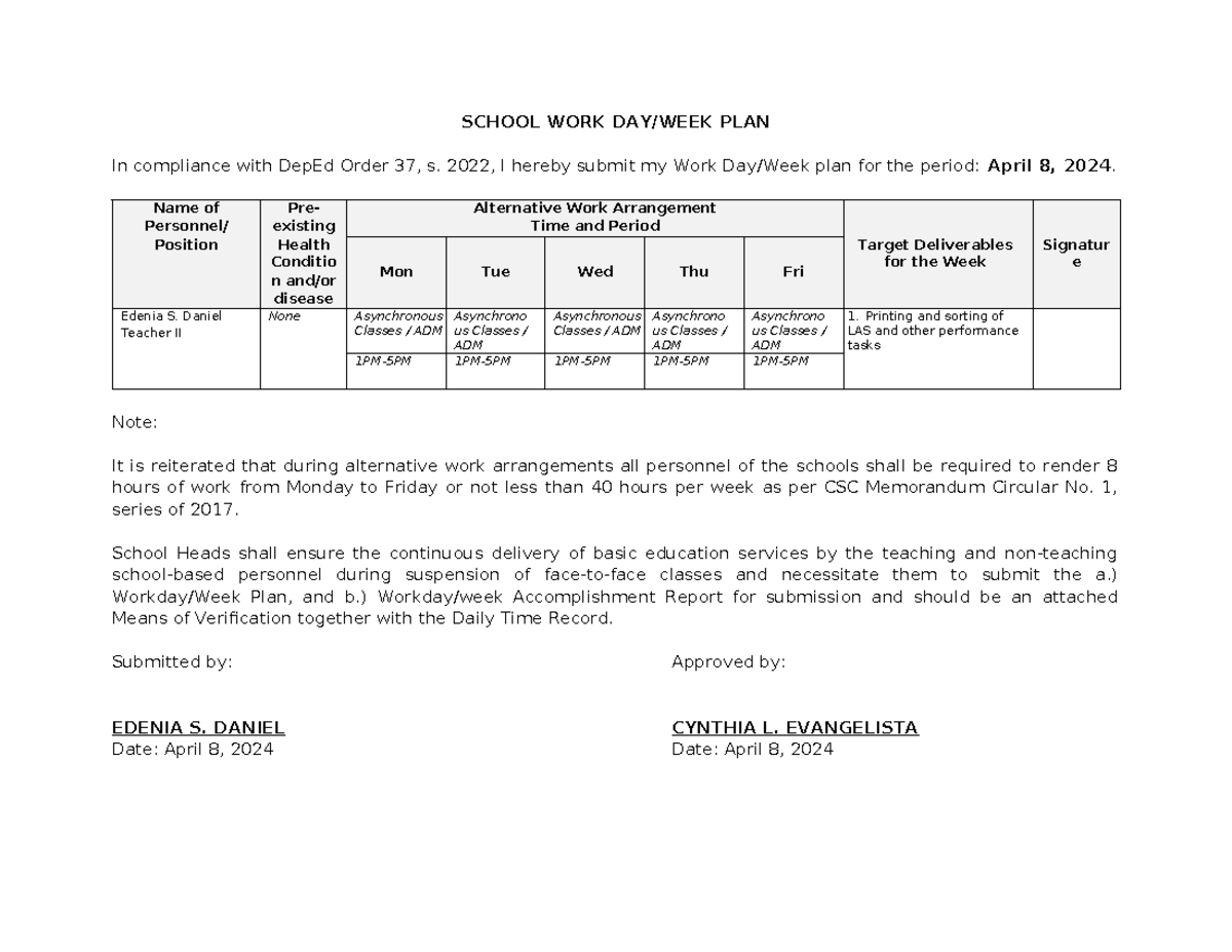Work Week Plan & Accomplishment Report (ADM) April 2024 - Studocu