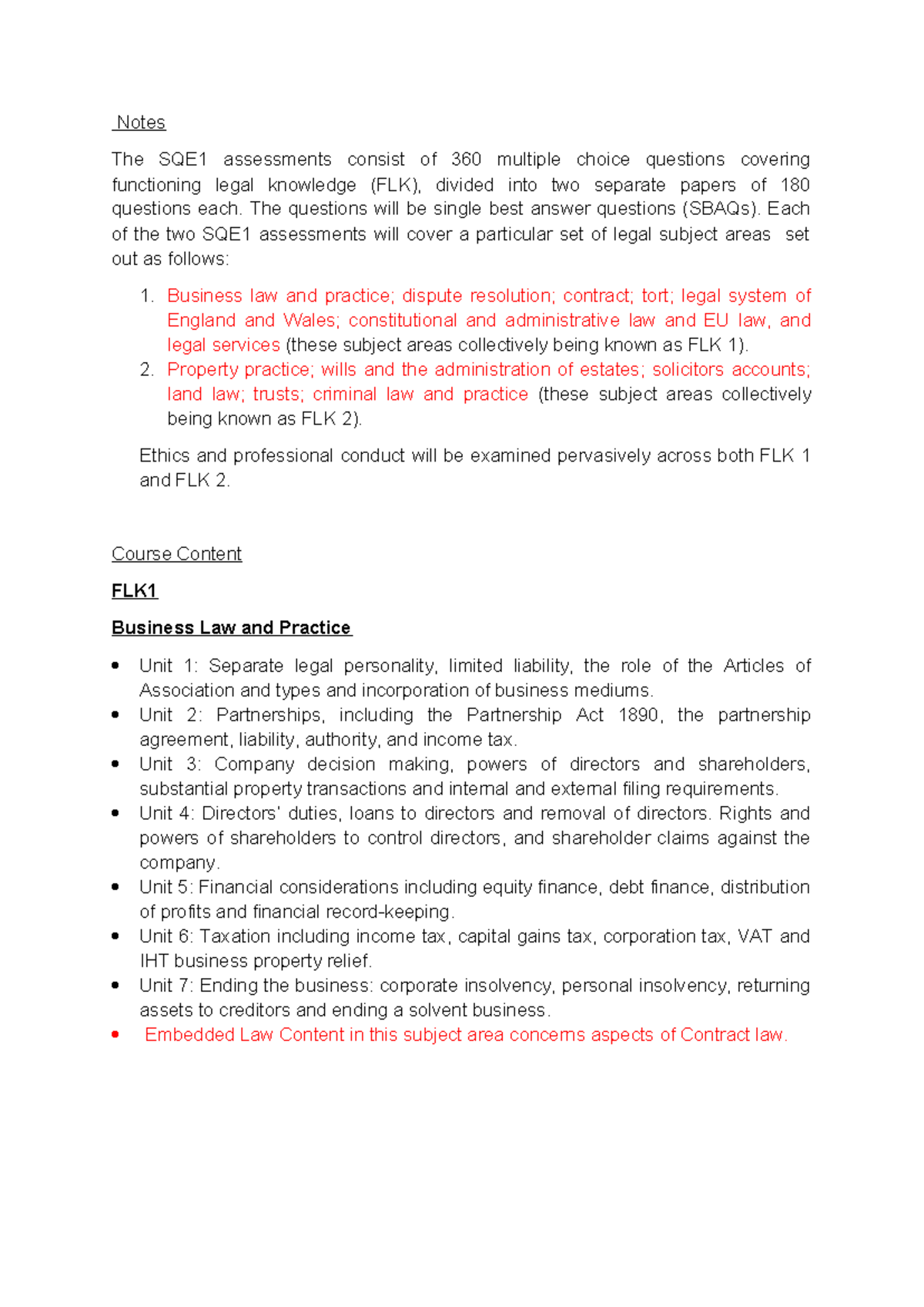 SQE1 Detailed Unit Breakdown and Course Content Overview - Studocu