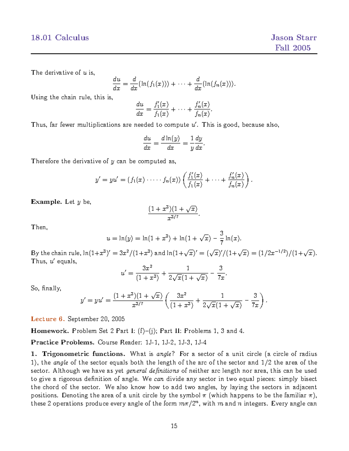 18.01 Calculus Lecture 6 Notes - Chain Rule & Trigonometric Functions ...
