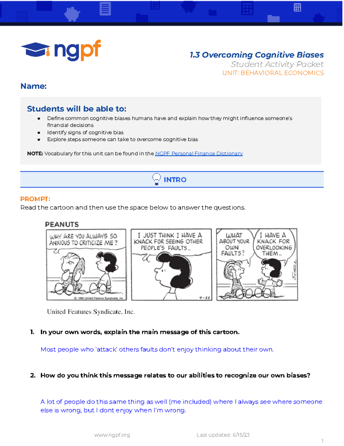 Overcoming Cognitive Biases Activity Packet - BEHAVIORAL ECONOMICS ...