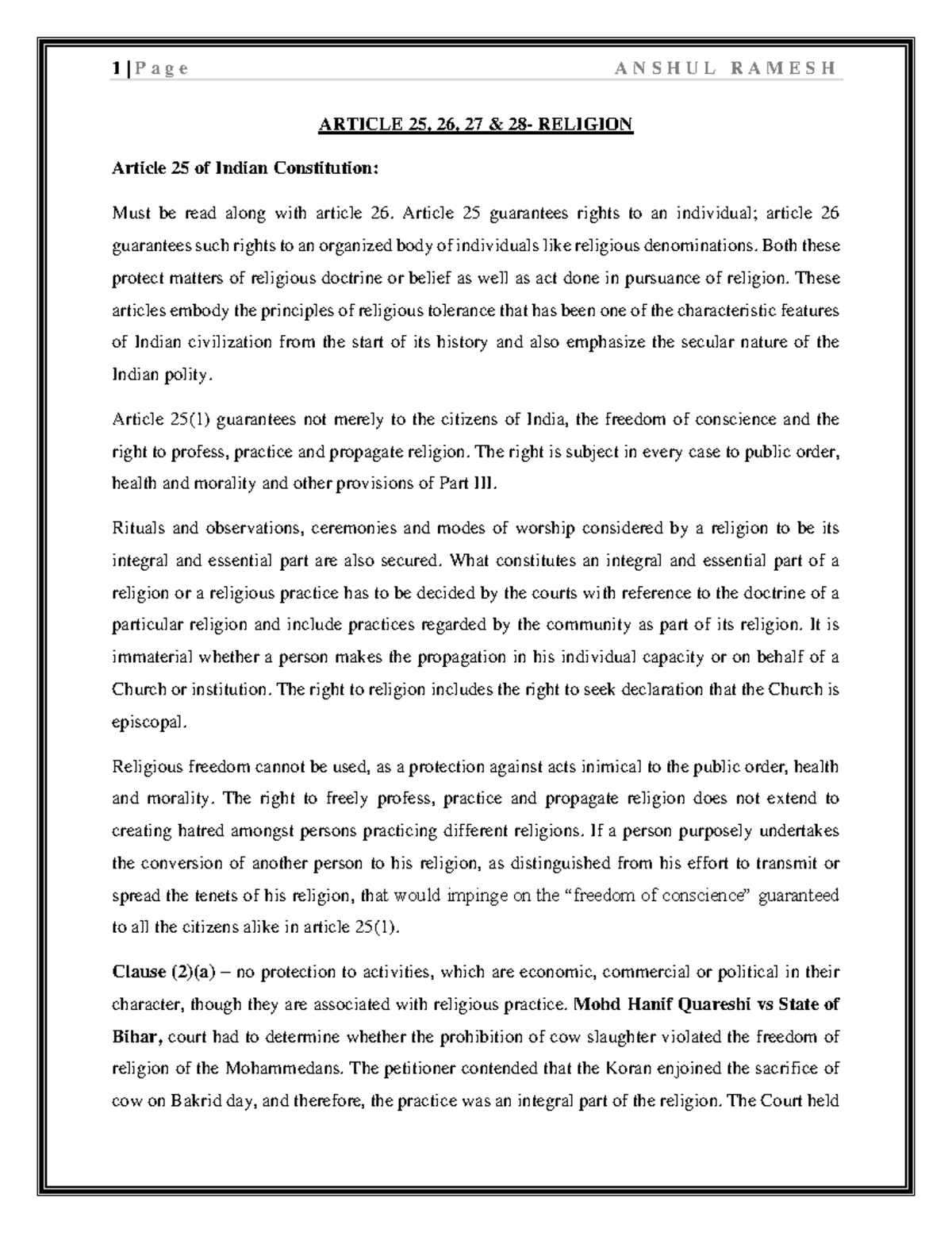 Constitutional Articles 25-28: Notes on Religious Freedom Rights - Studocu