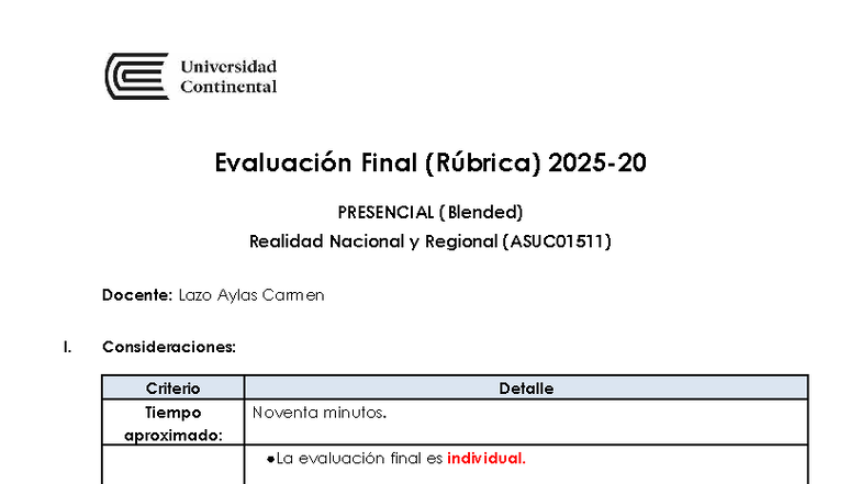 Evaluación Final (Rúbrica) Realidad Nacional y Regional (ASUC01511 ...