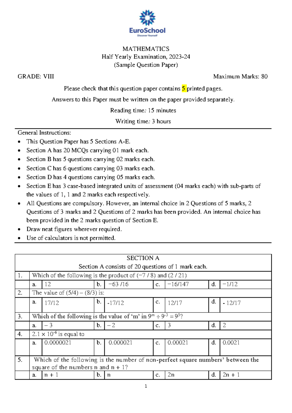 Math SA1 PP1 QP - no - 1 MATHEMATICS Half Yearly Examination, 2023 ...