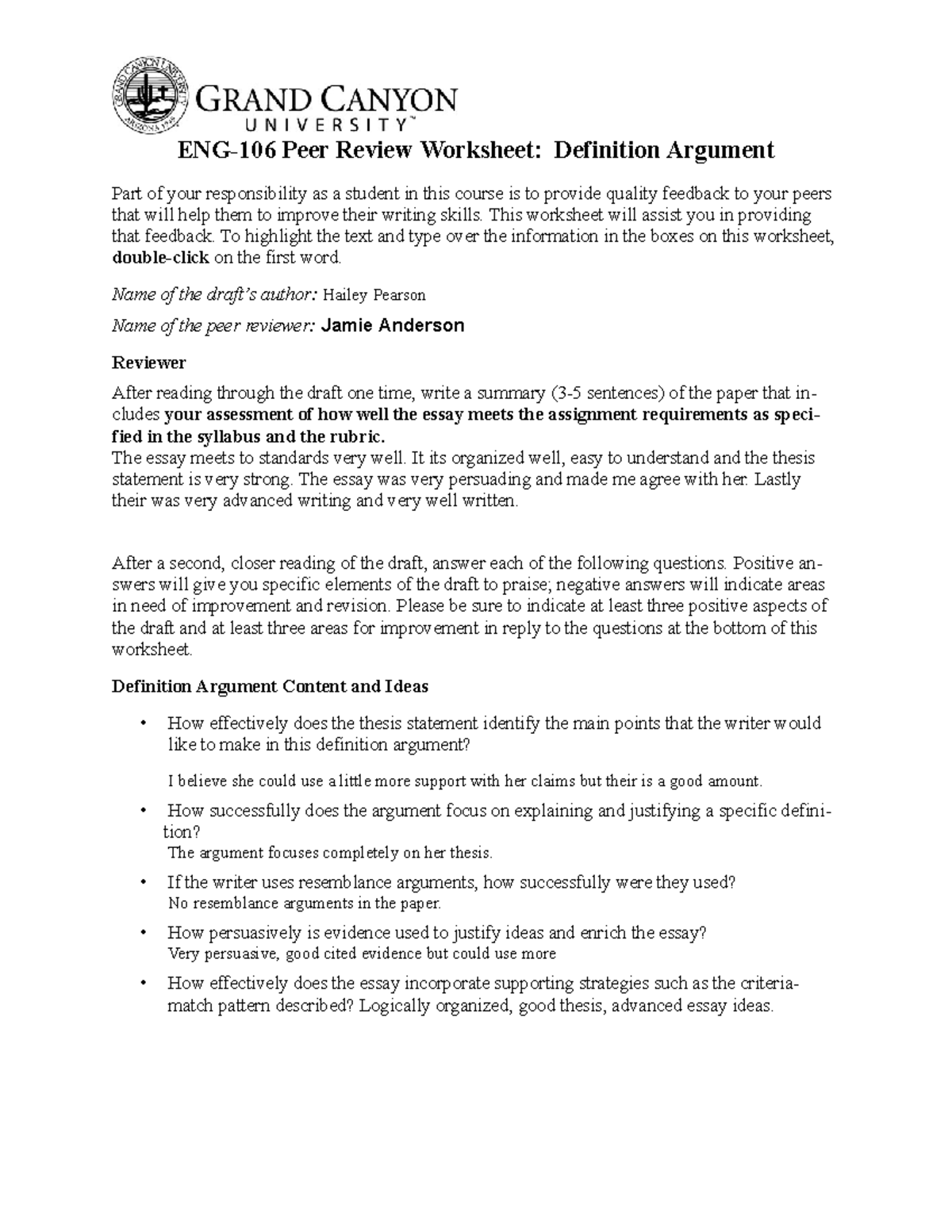 ENG-106 Peer Review Worksheet for Definition Argument Essay - Studocu