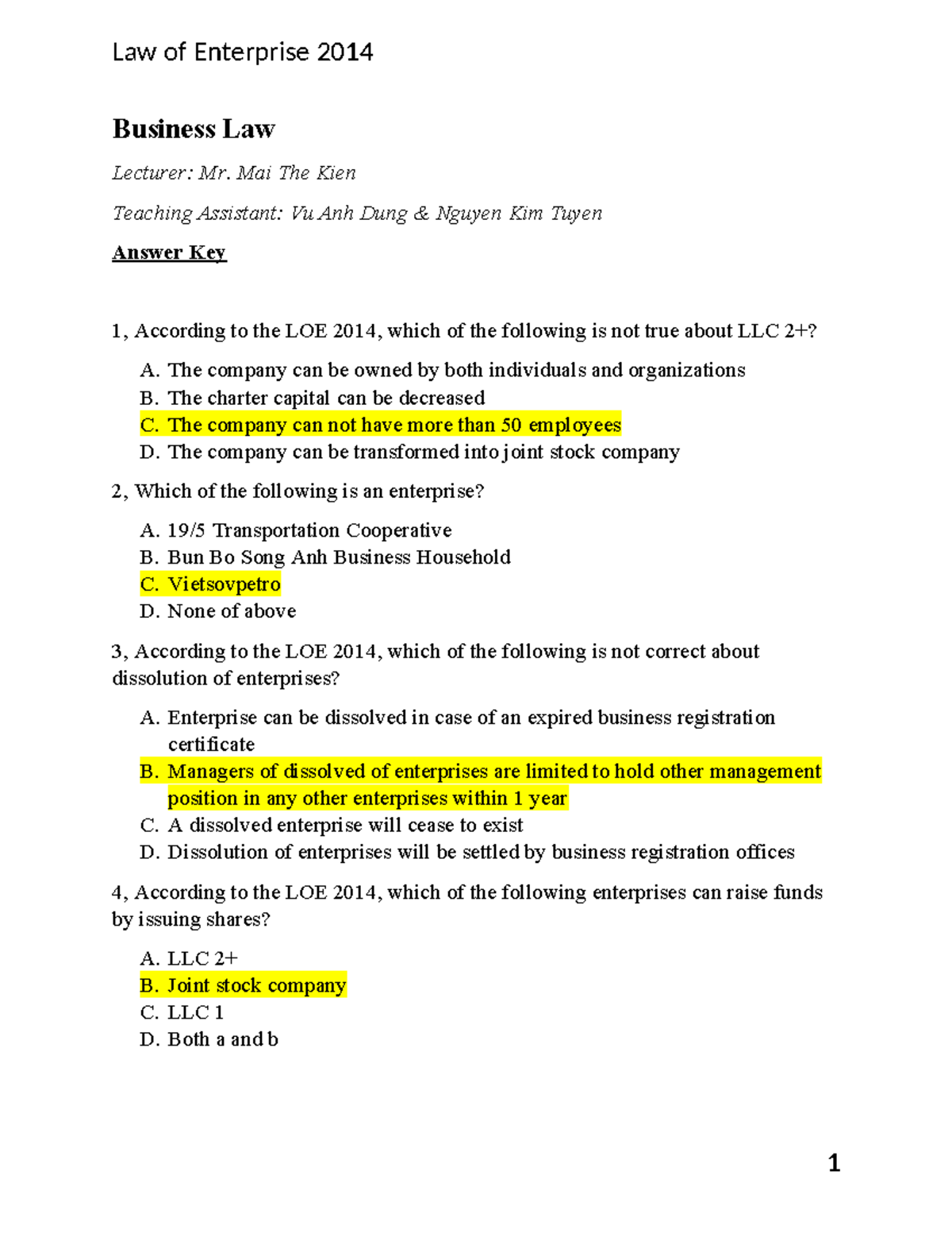 Answer Key - Lecture note business law - Business Law Lecturer: Mr. Mai ...