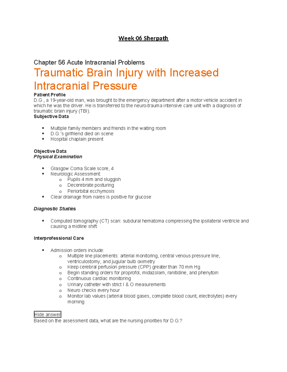 BSN 366 Sherpath Week 6: Acute Intracranial Pressure Exam Review - Studocu