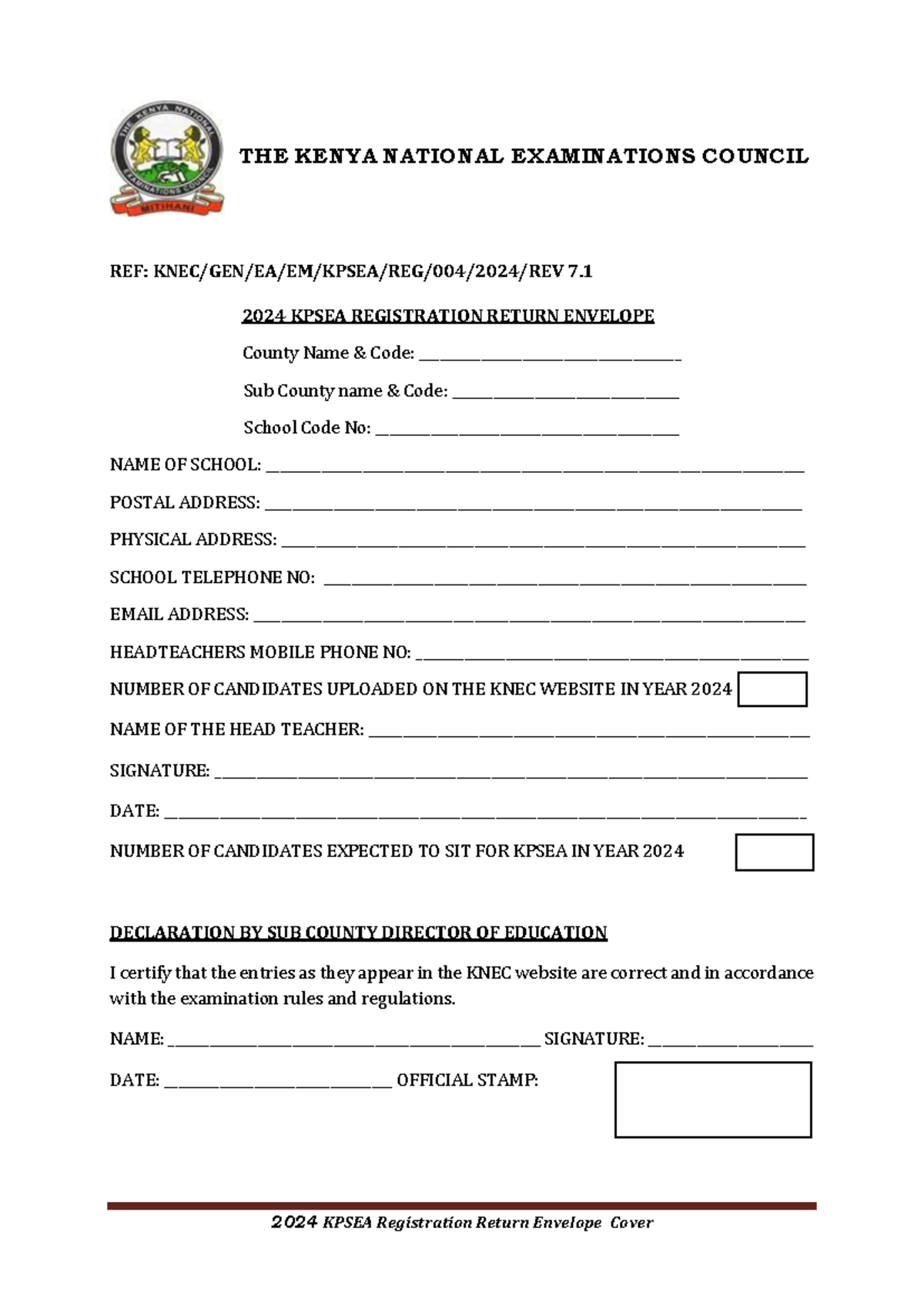 2024 KPSEA Registration Return Envelope Cover Details - Studocu