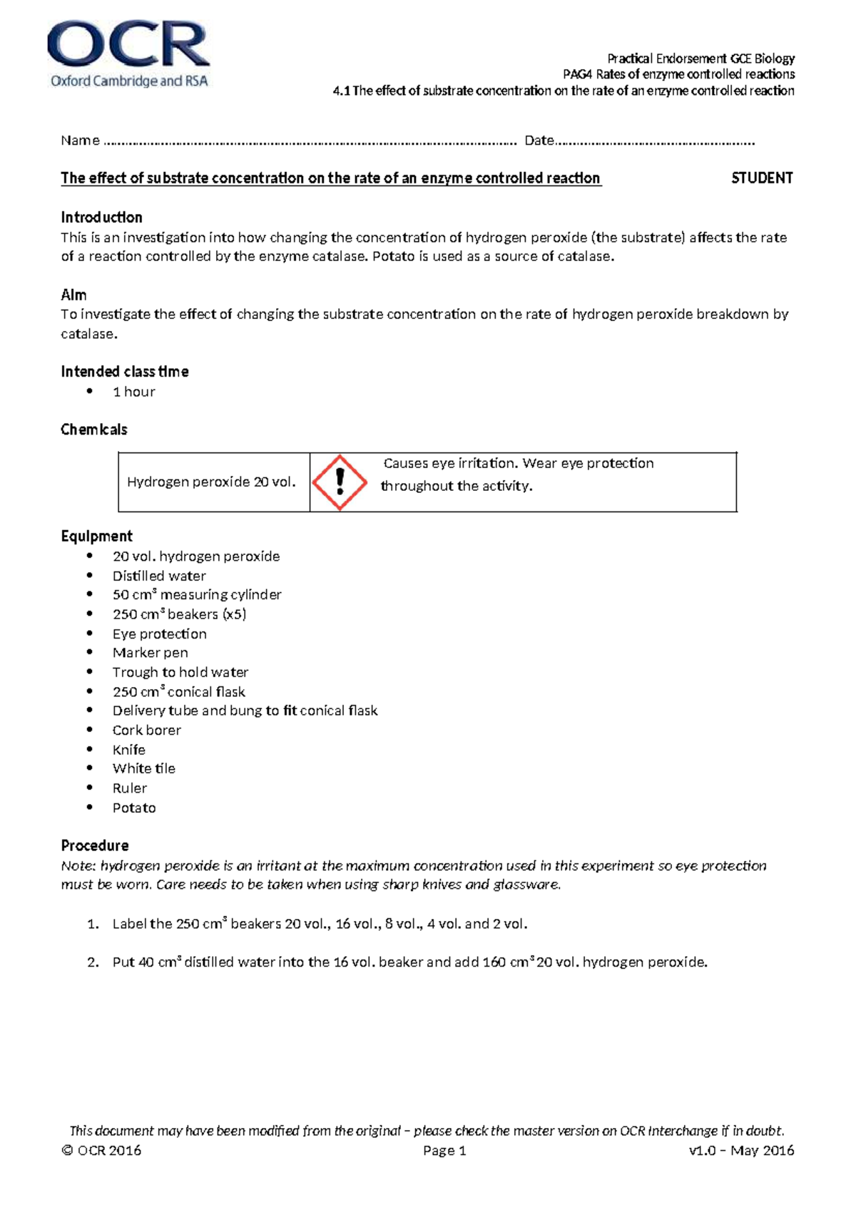 PAG4.1 Practical Endorsement: Substrate Concentration & Enzyme Reaction ...