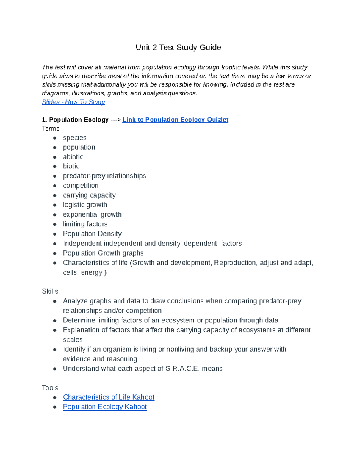 Unit 2 Test Study Guide: Ecology Concepts & Skills - Studocu