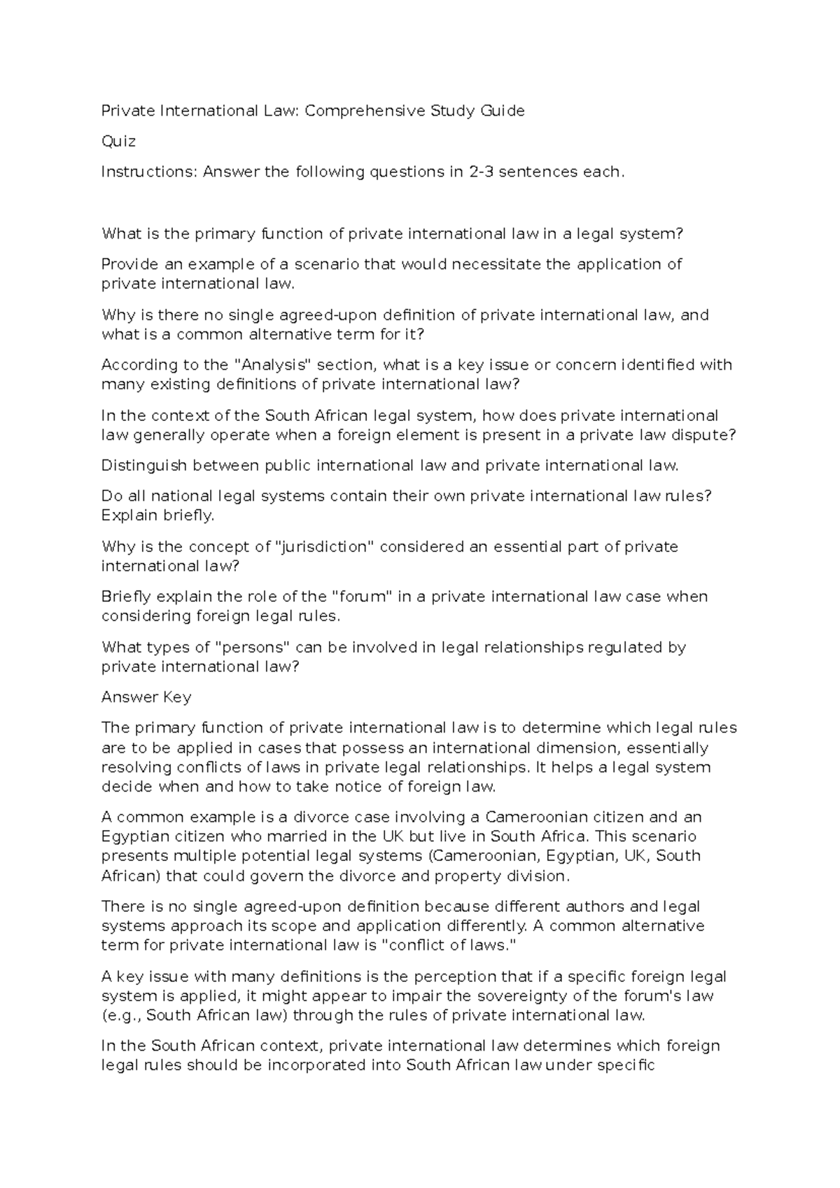 Private International Law (PIL): Lecture 1 Study Guide & Quiz - Studocu