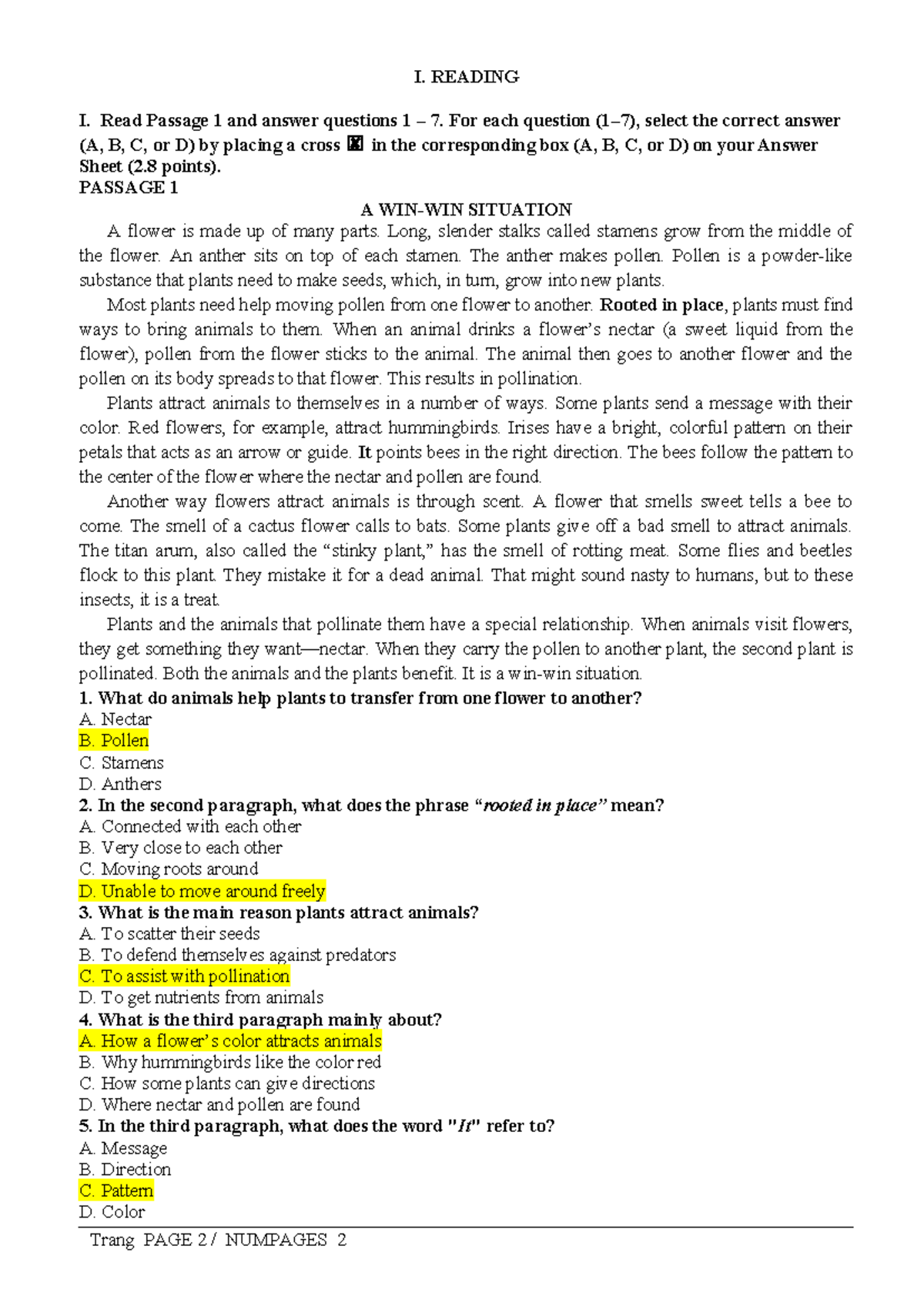 Reading Comprehension Exercise: Passage Analysis and Questions - Studocu