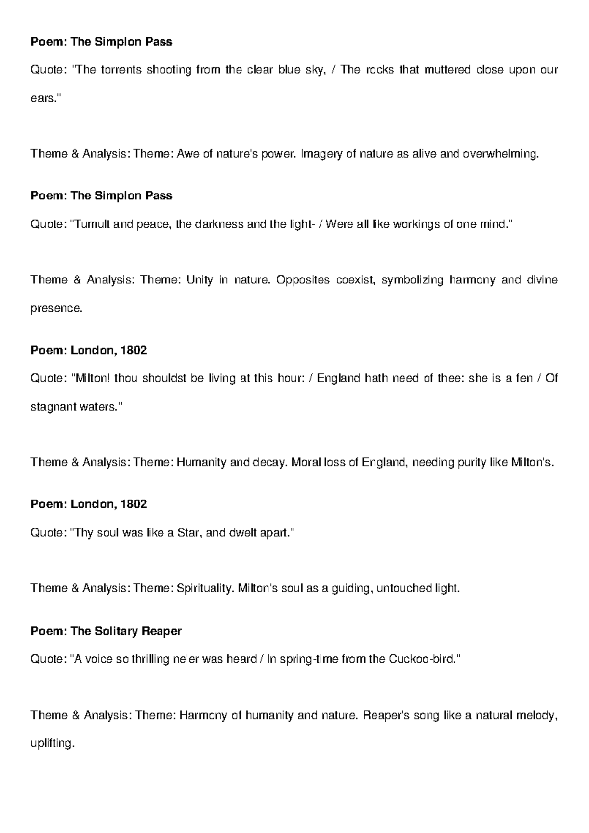 Wordsworth Quotes Flashcards: Themes and Analysis of Nature - Studocu