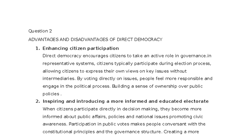 Elections Law: Advantages & Disadvantages of Direct Democracy - Studocu