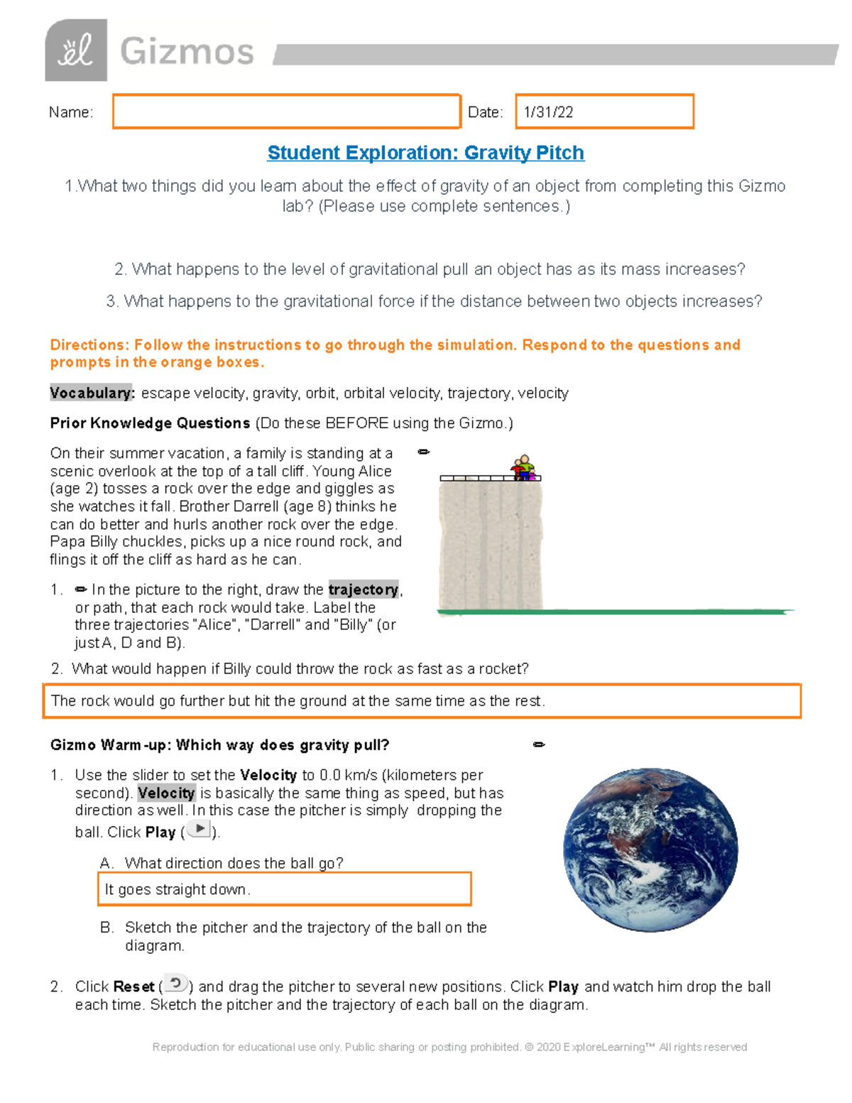 Gravity Pitch SE gizmo assignment - Name: Date: 1/31/ Student ...