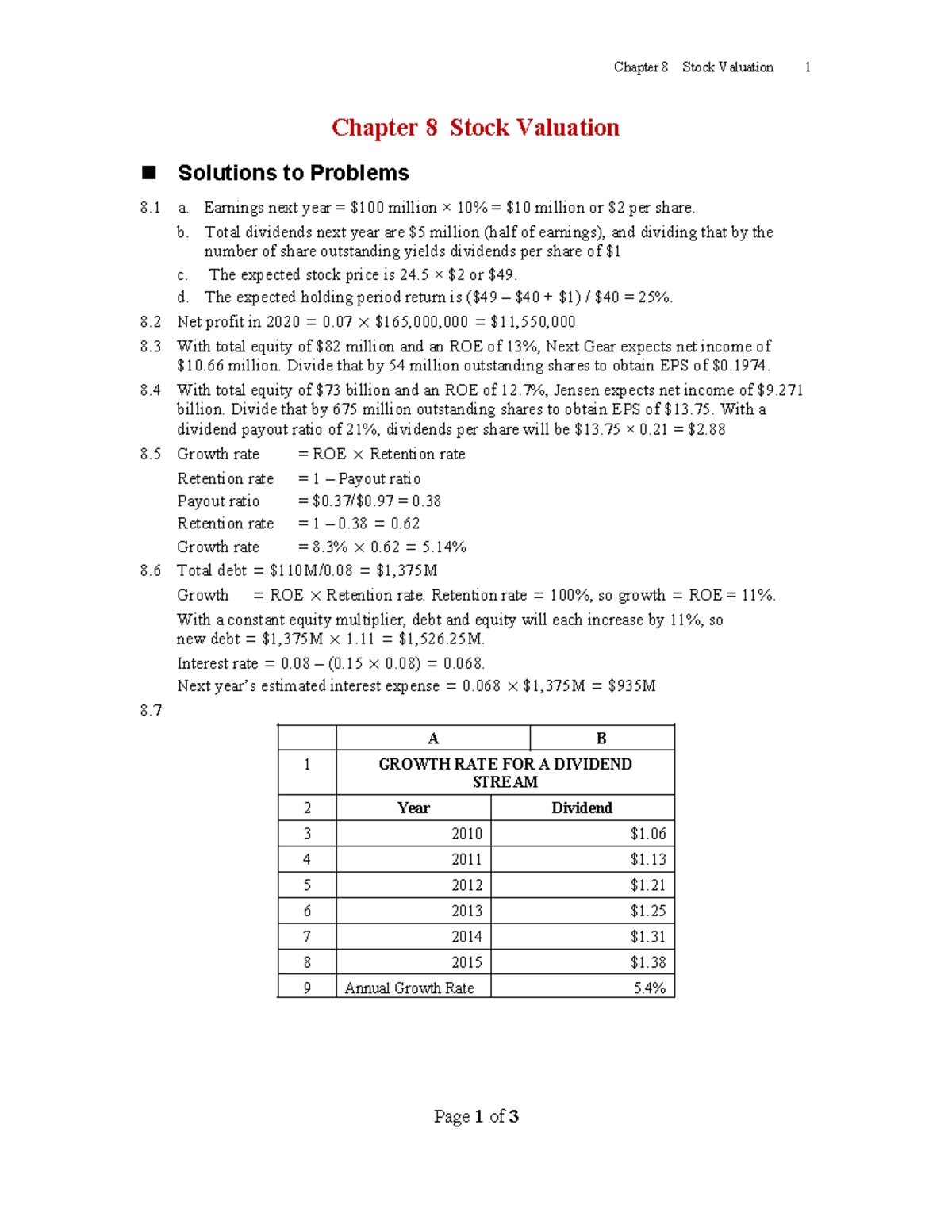Ch(8) - Stock Valuation Solutions & Quiz Answers - Studocu