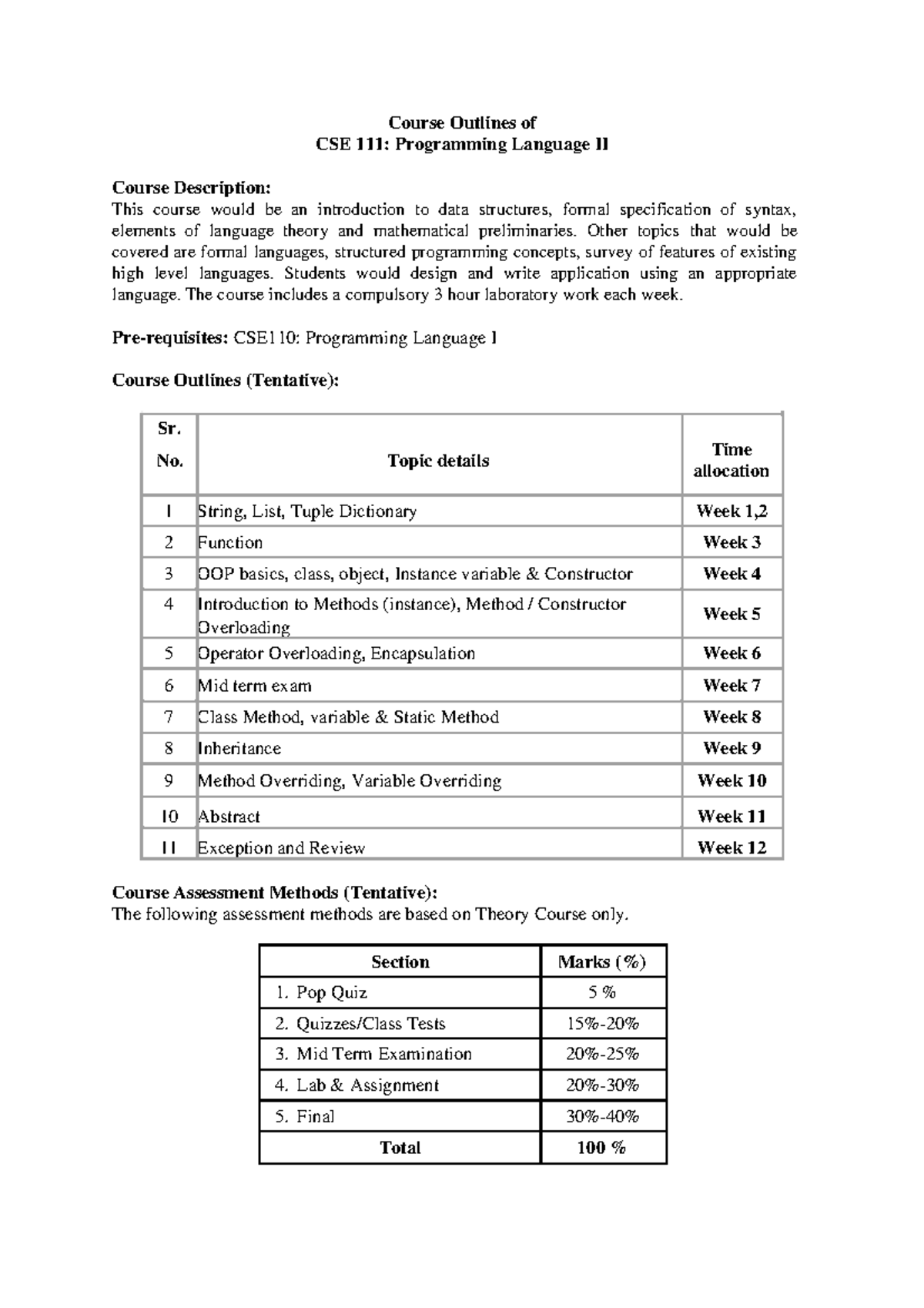 CSE111 Course Outline - Object Oriented Programming Overview - Studocu