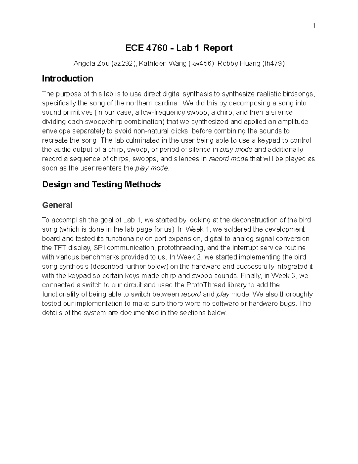 Lab Report Sample 5 - computer - ECE 4760 - Lab 1 Report Angela Zou ...