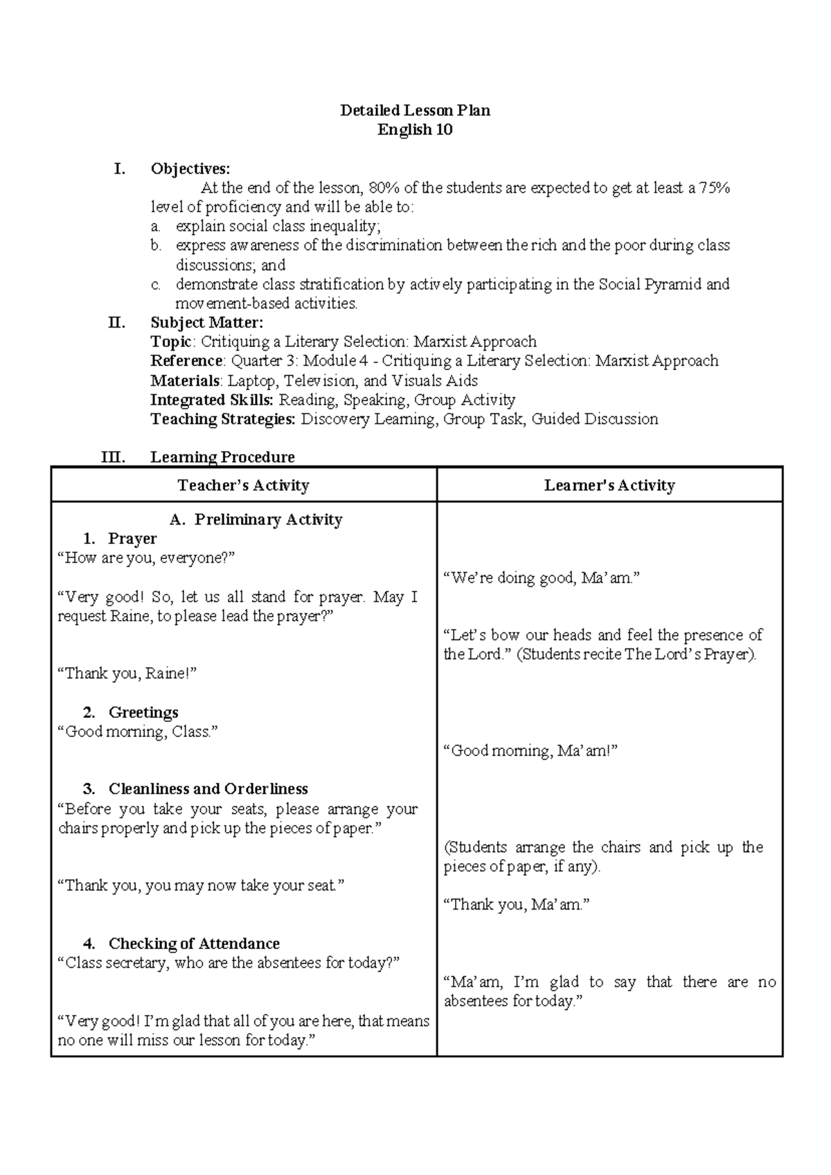 Final Demo DLP: Marxist Approach in English 10 Lesson Plan - Studocu