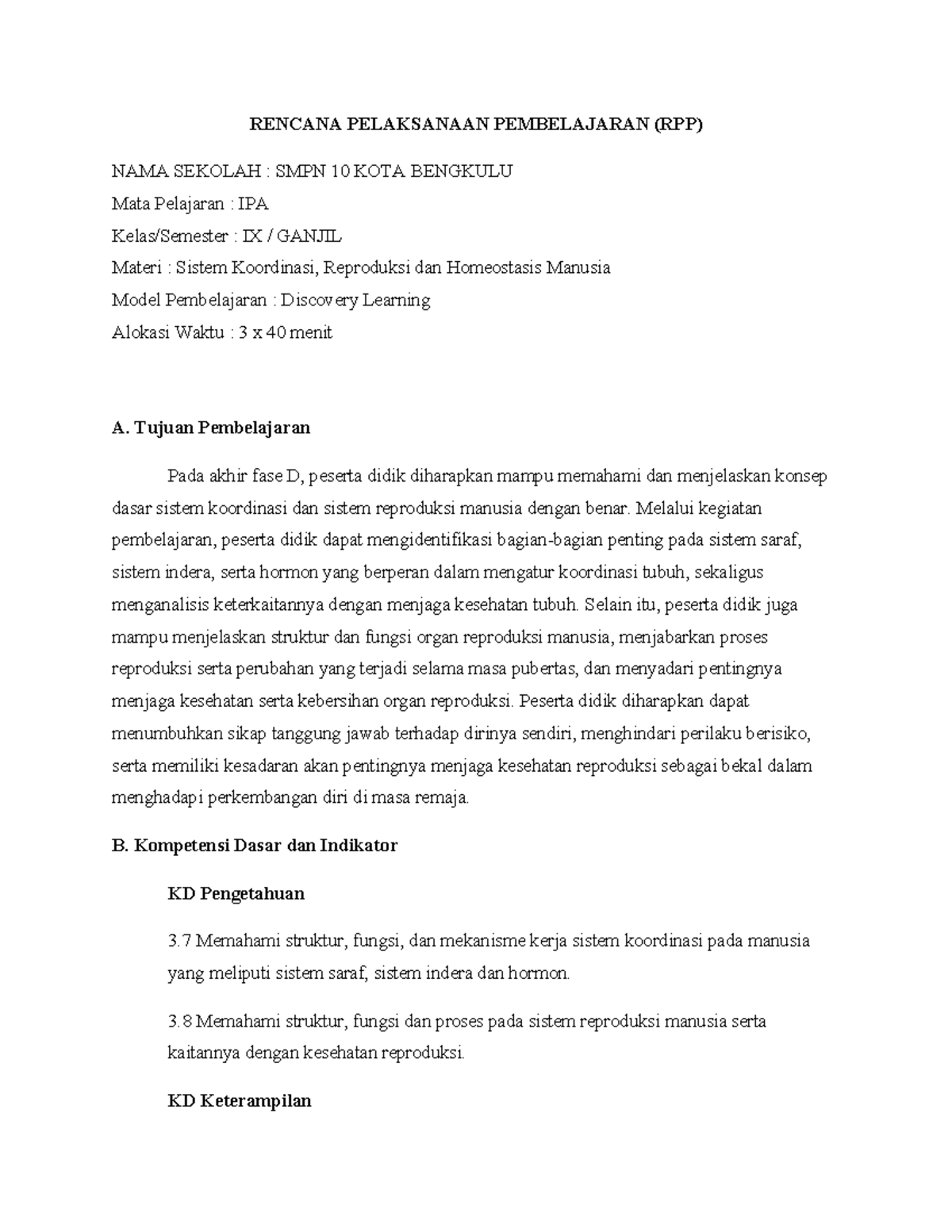 RPP IPA Kelas IX SMP 10: Sistem Koordinasi & Reproduksi Manusia - Studocu