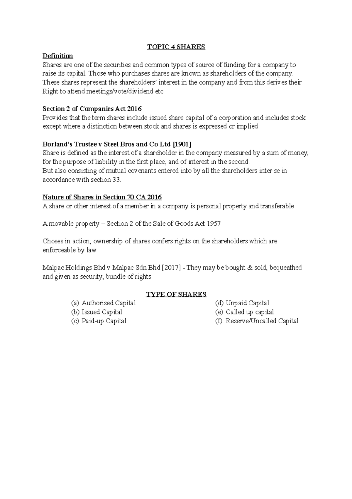 COMPANY LAW CHAPTER 4: Understanding Shares and Their Types - Studocu