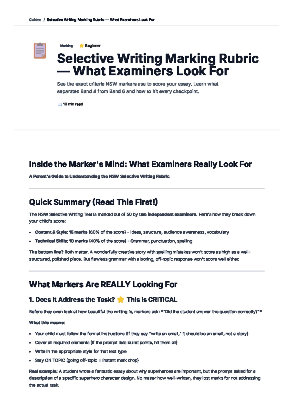NSW Selective Writing Marking Rubric: Key Insights for Success - Studocu