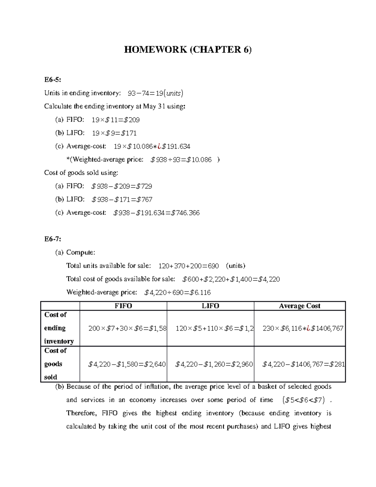 Homework Chapter 6 - Accounting Methods and Inventory Calculations ...