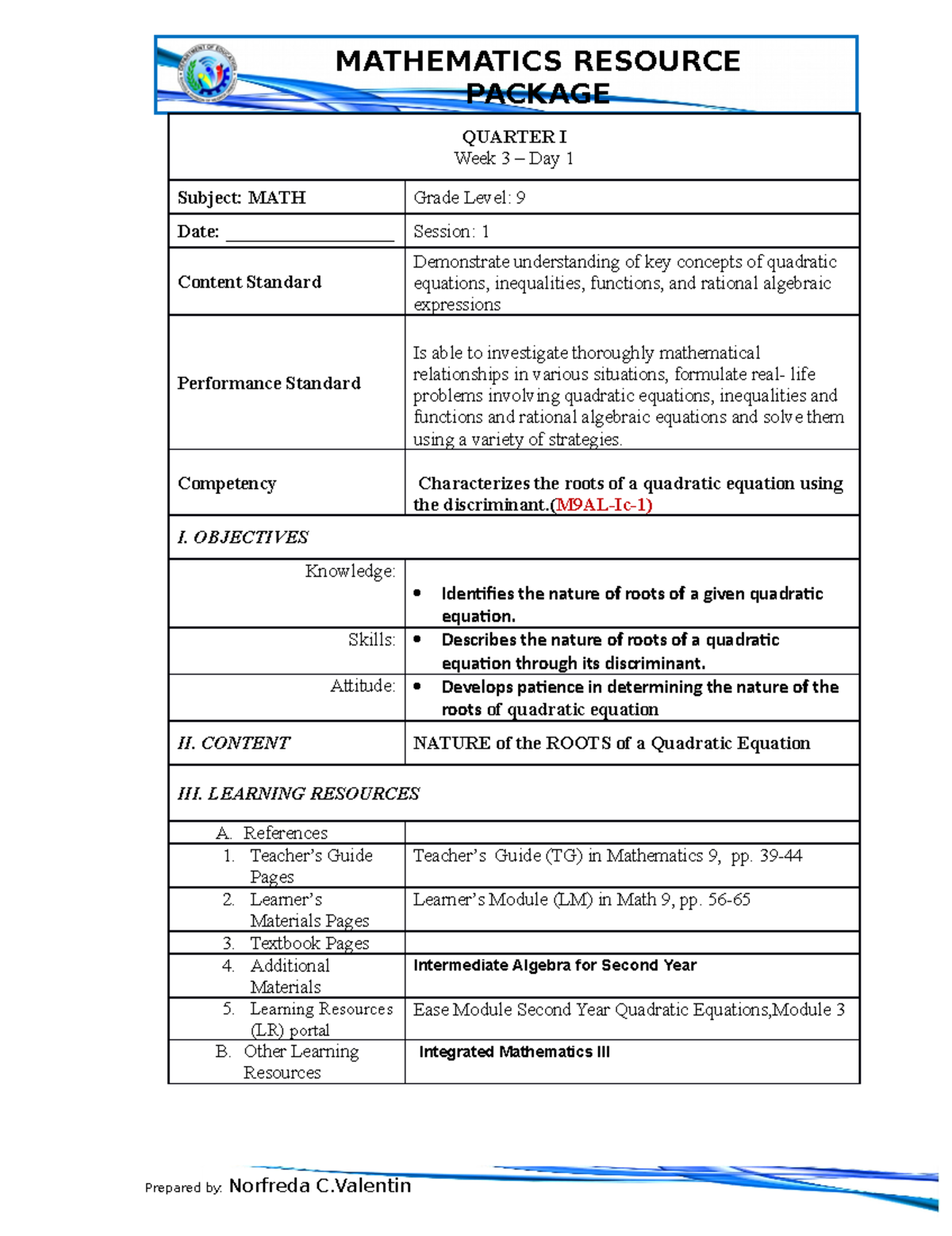 Math 9 Sample Lesson Plan Quarter1 - Week 3 Day 1 - PACKAGE QUARTER I ...