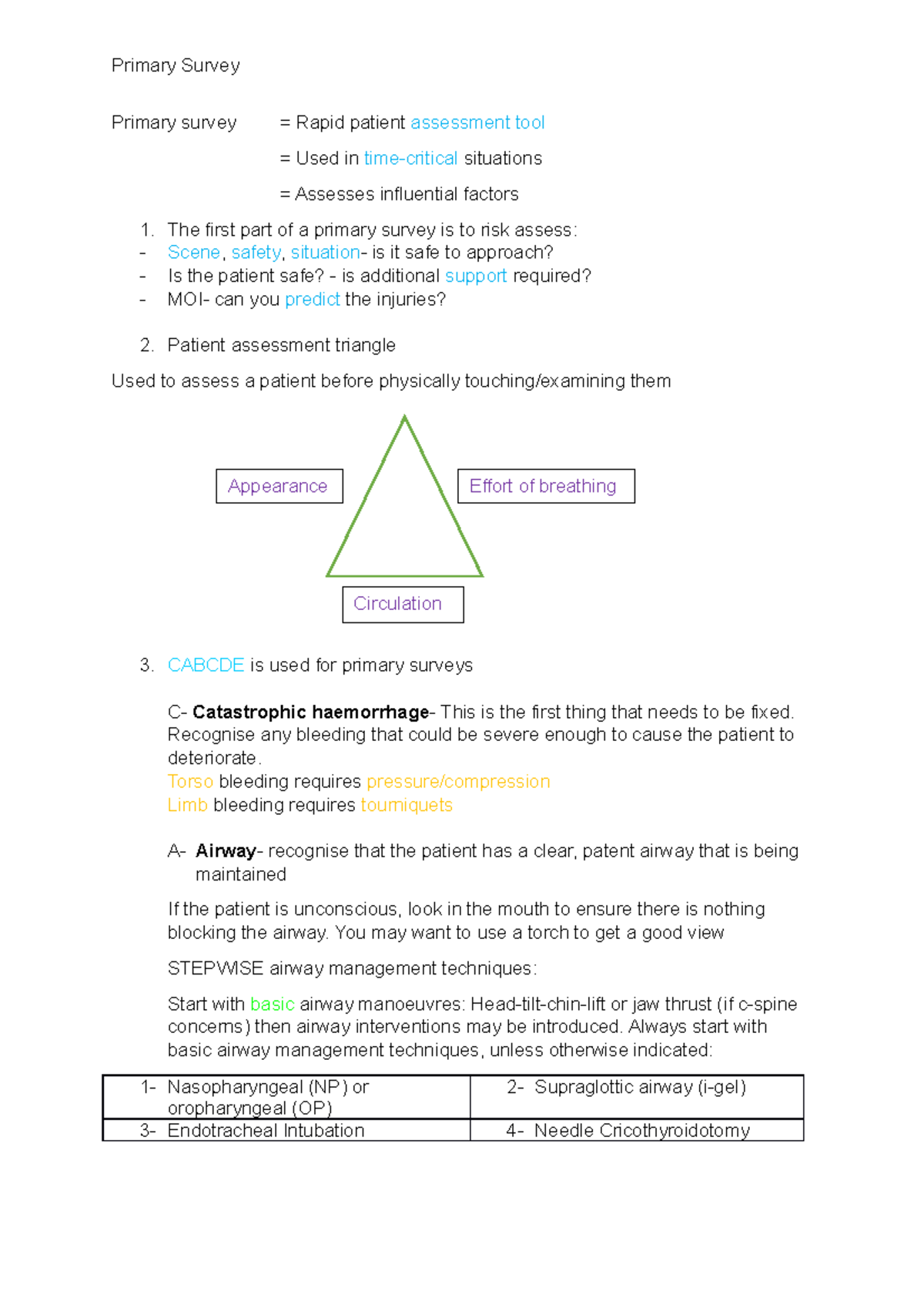 Primary Survey Notes: Essential Assessment Techniques for Care - Studocu
