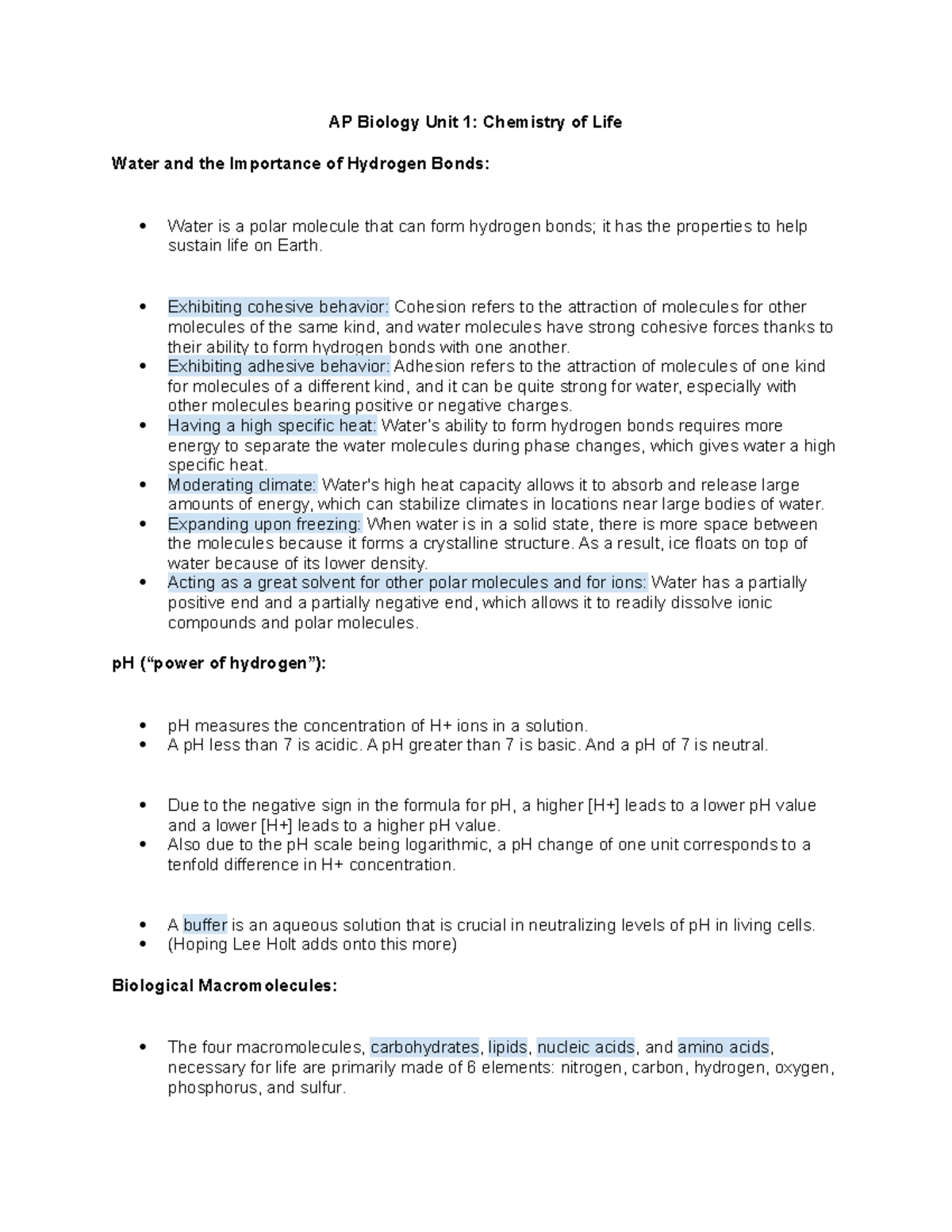AP Biology Unit 1: Chemistry of Life and Biological Macromolecules ...