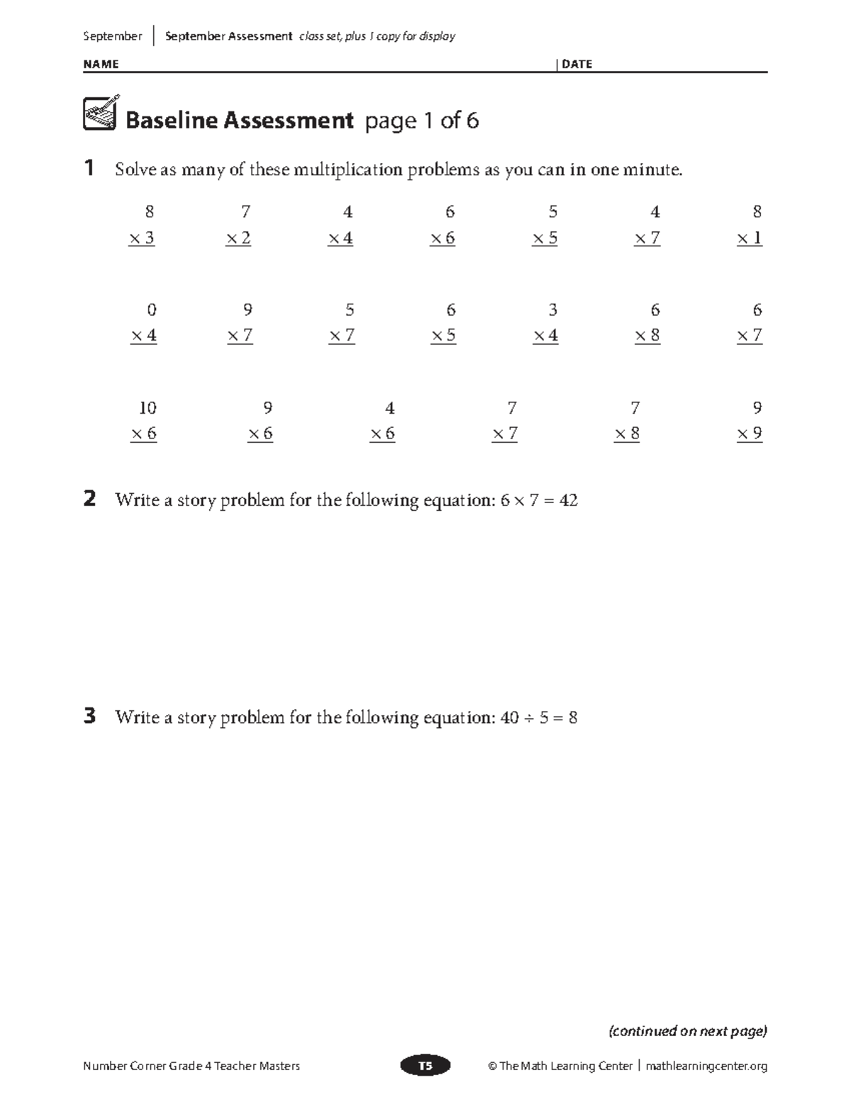 Number Corner Baseline Assessment Grade 4 - September 2023 - Studocu
