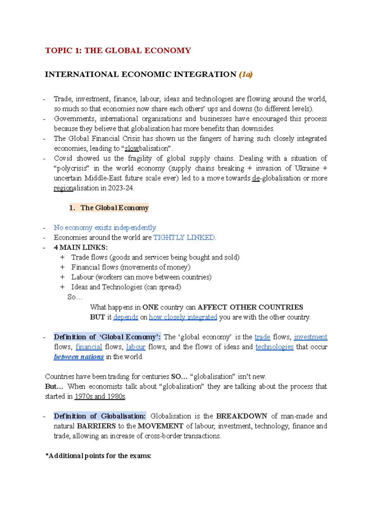 HSC Economics Topic 1: Global Economy Summary Notes - Studocu