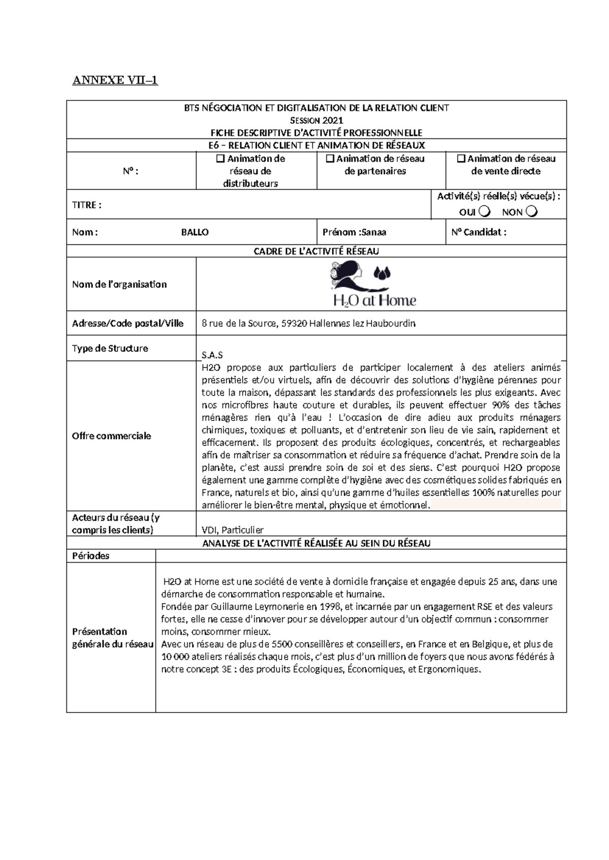 Fiche E6 - Activités Réseau & Vente Directe - BTS VDI H2O - Studocu