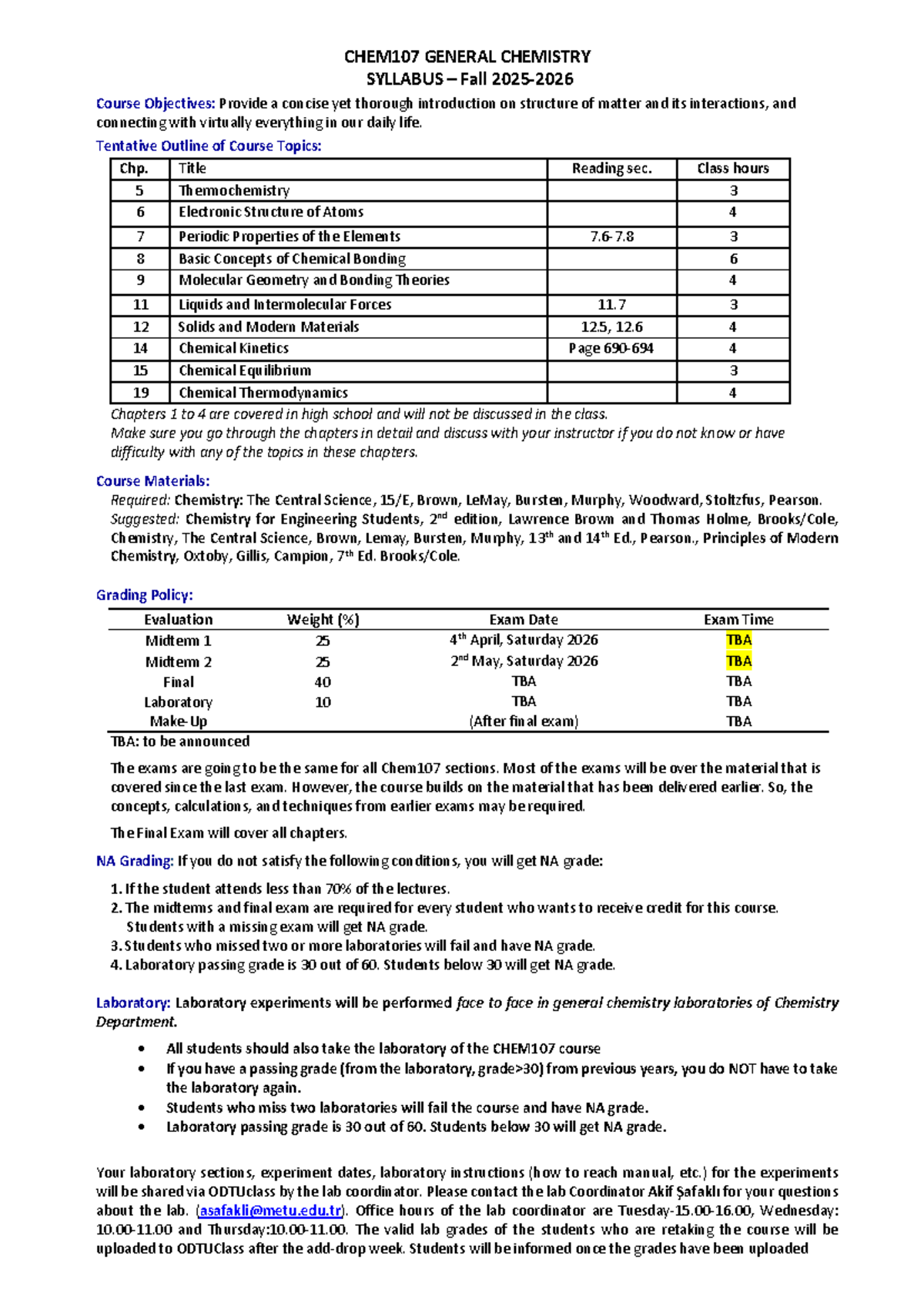 CHEM107 GENERAL CHEMISTRY SYLLABUS Spring 2025-2026 - Studocu
