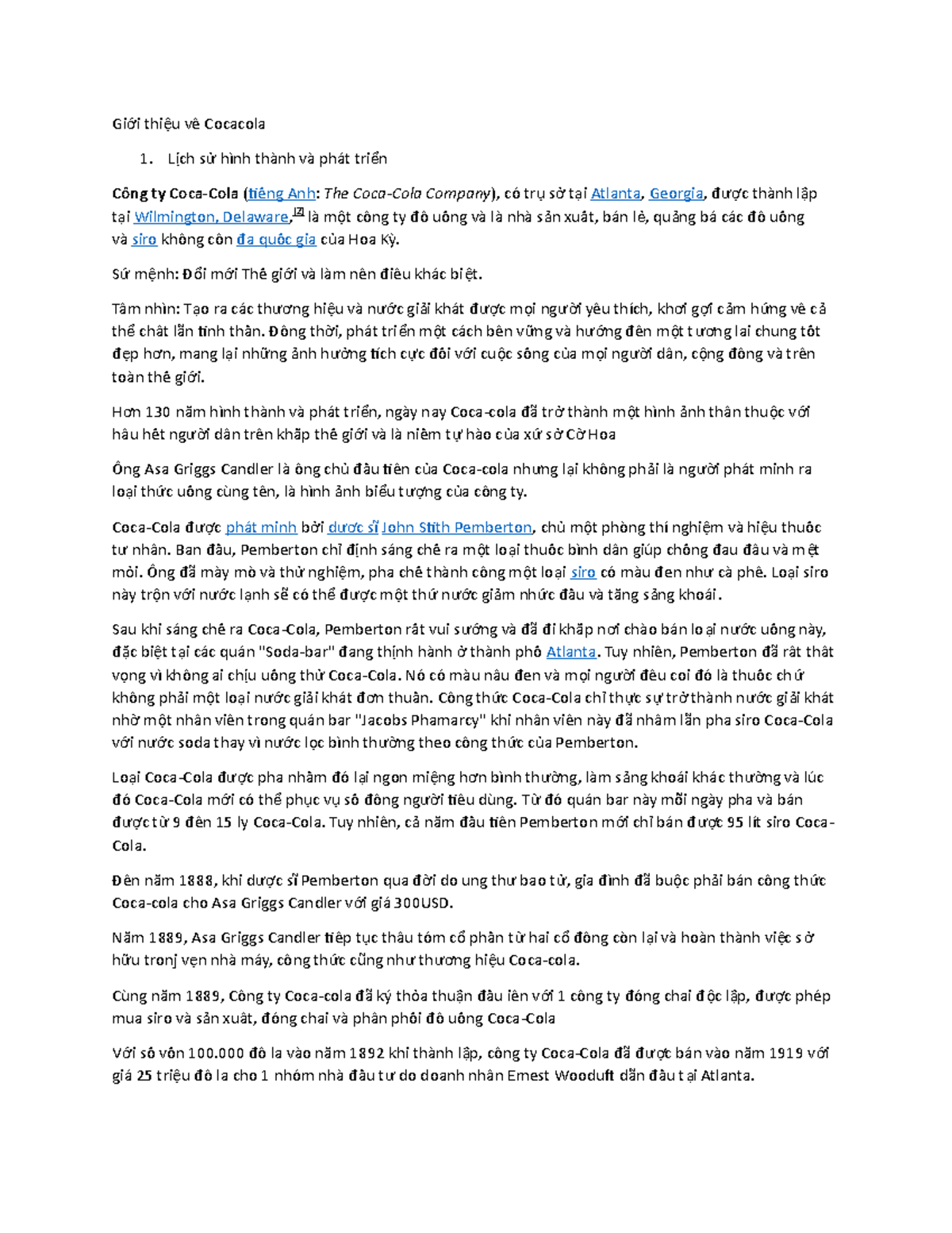 Giới thiệu về Cocacola - mong moi nguoi hoc tot - Gi i thi u vềề Cocacolaớ ệ 1. L ch sị ử hình ...