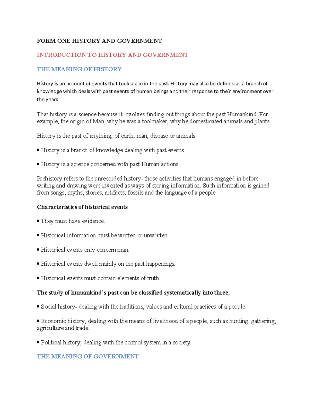 FORM 1 HISTORY AND GOVERNMENT: Essential Study Notes for Beginners ...